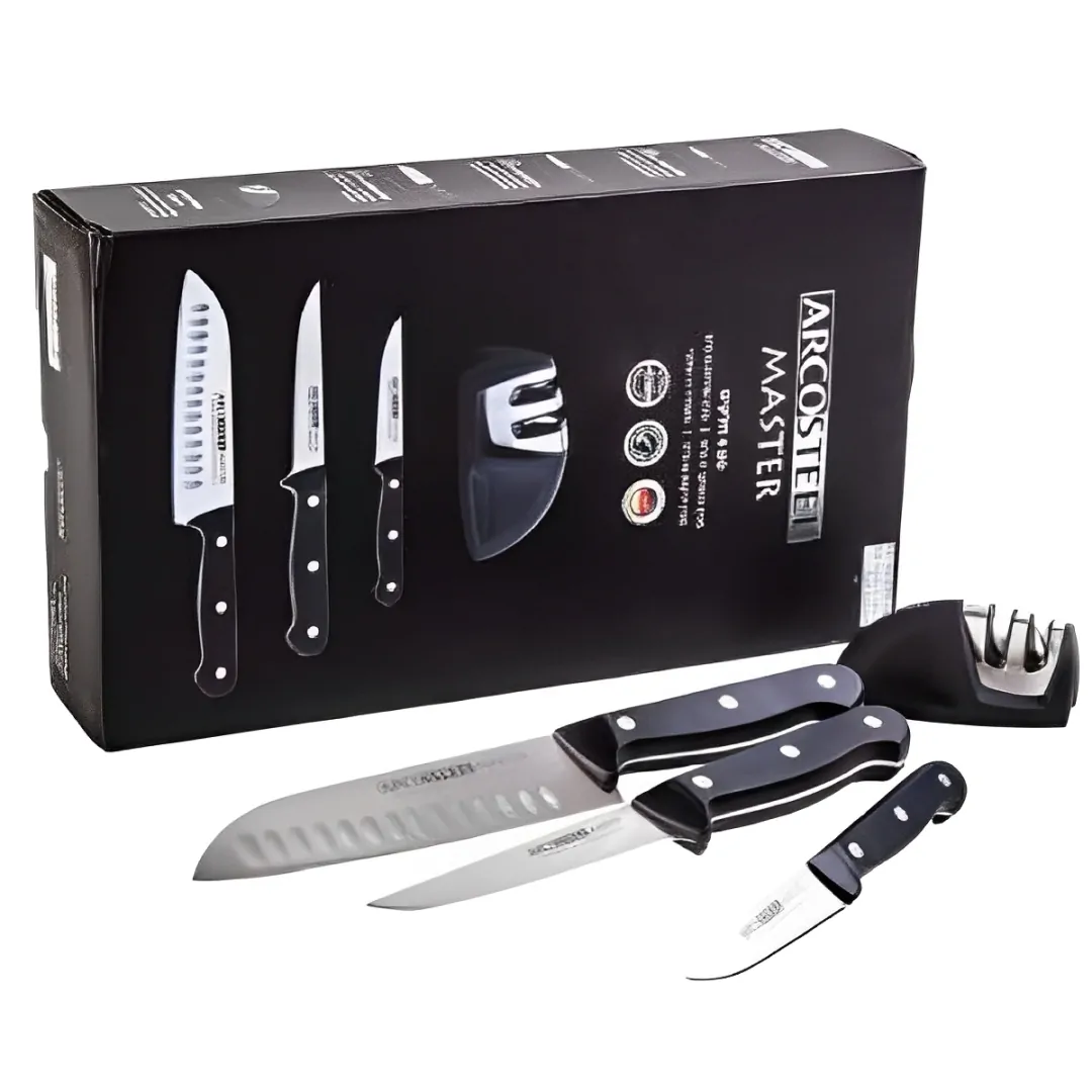 סט 3 סכינים ומשחיז מסדרת מאסטר ארקוסטיל Arcosteel